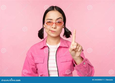 Image Of Serious Stylish Asian Girl In Sunglasses Showing Stop Prohibit Gesture Taboo Sign