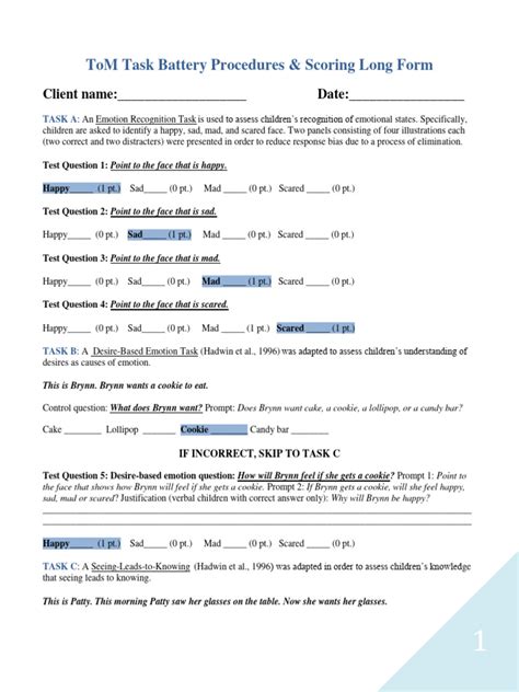 Tom Task Battery Score Long Form Pdf Theory Of Mind Soup