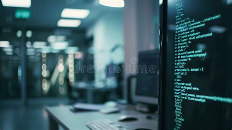 Programming Code On Screen In Contemporary Tech Office Workspace Stock Illustration
