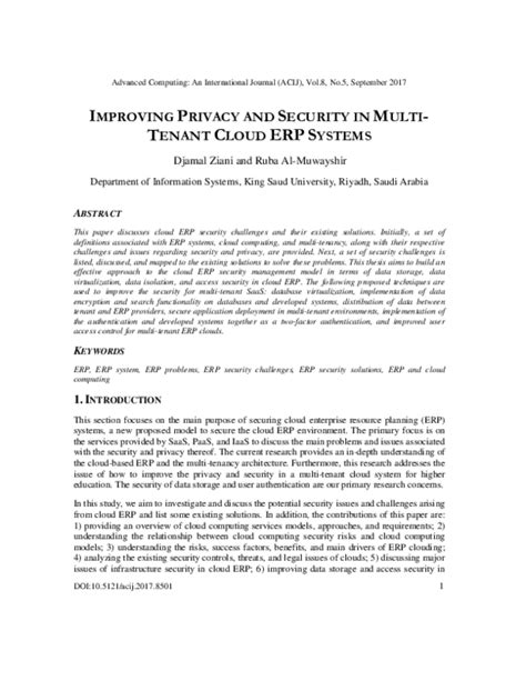 Pdf Improving Privacy And Security In Multi Tenant Cloud Erp Systems