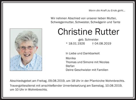 Traueranzeigen Von Christine Rutter Schwaebischede Trauerportal
