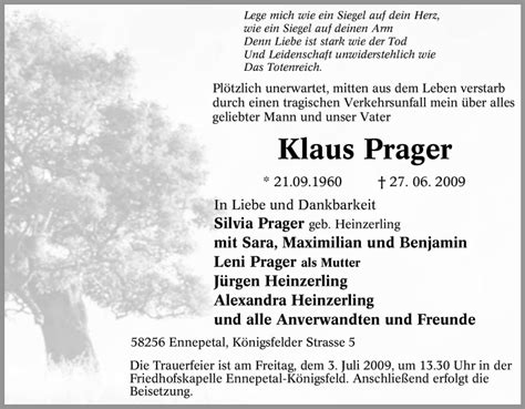Traueranzeigen Von Klaus Prager Trauer In Nrw De
