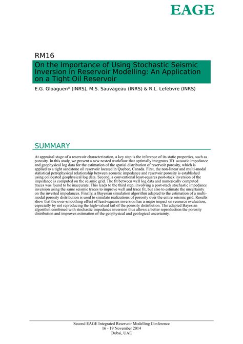 PDF On The Importance Of Using Stochastic Seismic Inversion In Reservoir Modelling An