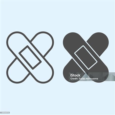 밴드 에이드 라인과 솔리드 아이콘 응급 처치 크로스 석고 접착제 붕대 테이프 건강 관리 벡터 디자인 개념 흰색 배경에 윤곽 스타일 그림 웹 및 응용 프로그램에 사용 Eps