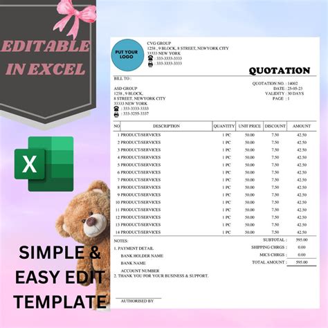 Excel Quotation Template Editable Business Form Etsy