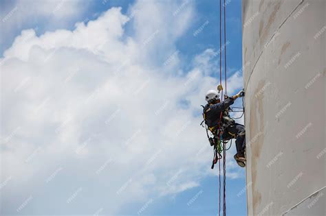 남성 작업자 다운 높이 탱크 루프 로프 액세스 저장 탱크 가스의 안전 검사 두께 용접 프리미엄 사진