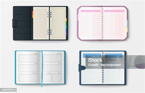 오픈 현실적인 노트북 페이지 일기 사무실 시트 템플릿 책자와 빈 종이 교육 카피북 주최자 벡터 일러스트 레이 션의 설정 가리기에 대한 스톡 벡터 아트 및 기타 이미지