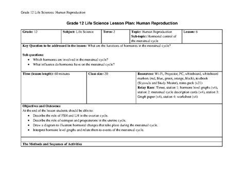 Reproductive System Lesson Plan Grade Life Science Lesson Plan