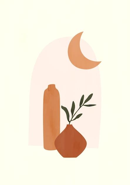도자기와 달 세기 중반 현대 미니멀리스트 아트 프린트 모던 미학 보헤미안 디자인 벽지 프리미엄 벡터