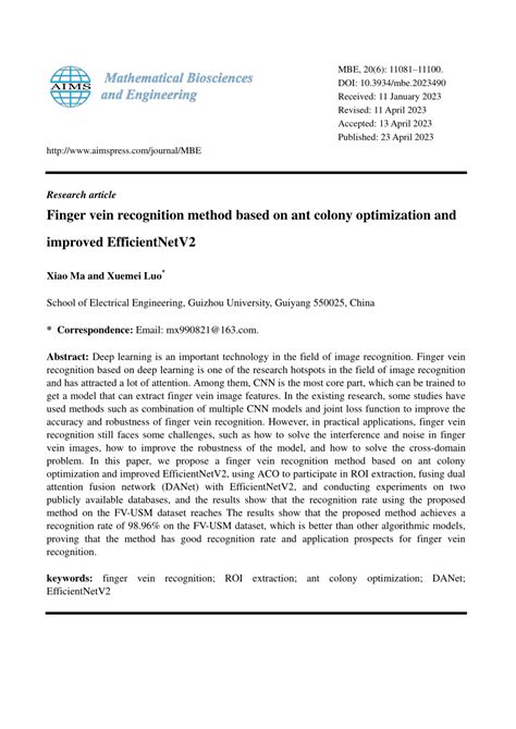 Pdf Finger Vein Recognition Method Based On Ant Colony Optimization