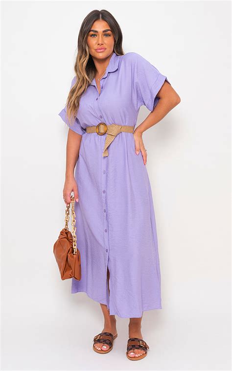 Lilac Syeda Button Down Collared Short Sleeve Midi Dress With Belt Detail Ikrush