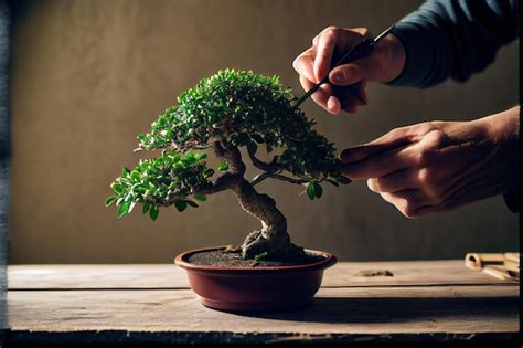 Premium Ai Image Hands Pruning A Bonsai Tree On A Work Table Garden