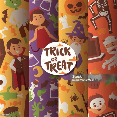 할로윈 아이 복장 핼 파티 의상 벡터 문자 작은 아이 들 할로윈 박쥐 사탕 유령 좀비 아이 의상 재미 만화 소년과 소녀 카니발 파티 웹사이트 배너 10월에 대한 스톡 벡터