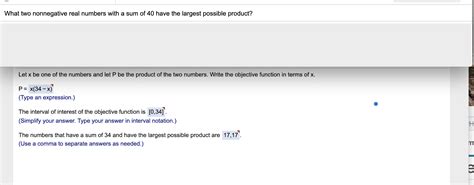 Solved What Two Nonnegative Real Numbers With A Sum Of 40