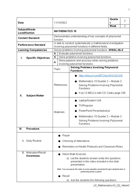 Math10 Q2 W2 Solving Problems Involving Polynomial Functions Date 11