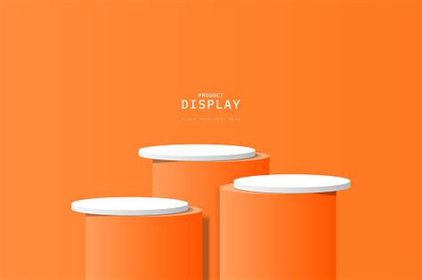 모형을 위한 최소한의 벽 장면 3d 흰색과 주황색 실린더 연단 받침대 현실적 또는 주황색 벽 스튜디오 룸의 제품 디스플레이 스탠드 3d 벡터 기하학적 플랫폼 쇼케이스