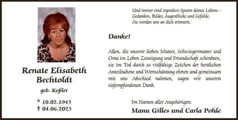 Traueranzeigen Von Renate Elisabeth Bechtoldt Vrm Trauerde
