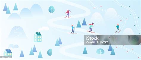 스키와 스키 리조트입니다 산악 스키 지도 스타일 배경입니다 겨울 마을 사람들과 함께 리조트 하우스 그라데이션 컬러 벡터 그림을