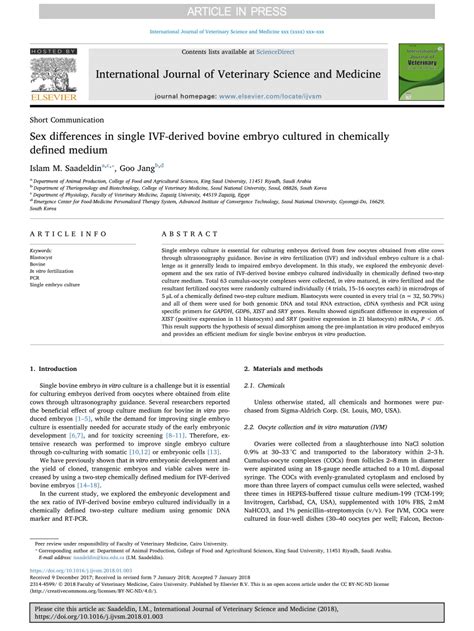 Pdf Sex Differences In Single Ivf Derived Bovine Embryo Cultured In