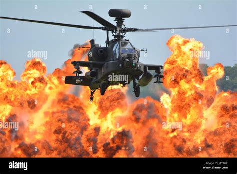 Apache Attack Helicopter With Pyro Technic Explosion Fire Ball Stock