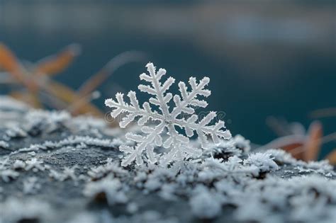 Macro Photography Of Frosted Snowflake With Icy Foliage Winter Nature Background Generative Ai
