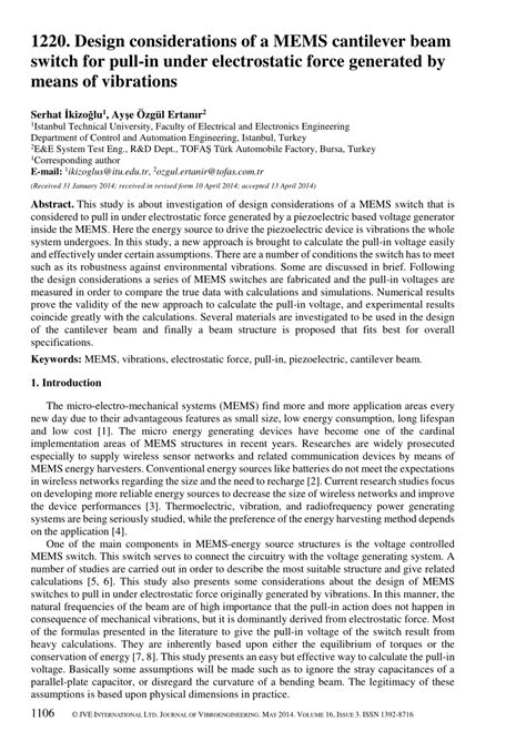 Pdf 220 Design Considerations Of A Mems Cantilever Beam Switch For Pull In Under