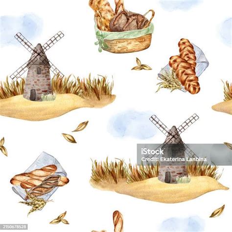 풍차 와 다양한 종류 빵 에서 수채화 Seamless 패턴 절연 통하고 있는 백색 배경 소박한 풍경 와 호밀 와 빵집 에서 스케치 작풍 손 그린 포장 포장지를 위한 디자인