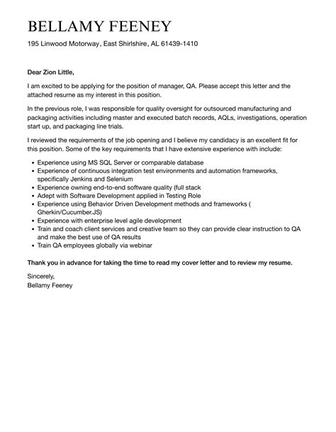 Manager QA Cover Letter Velvet Jobs