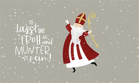 사랑스러운 니콜라우스 캐릭터 행복하고 쾌활하자라는 독일어 텍스트 초대장 배너 배경 화면 카드에 적합 벡터 디자인 독일 문화에 대한 스톡 벡터 아트 및 기타 이미지 Istock