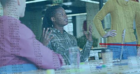 Image Of Processing Data Over Diverse Male And Female Colleagues Discussing At Casual Office