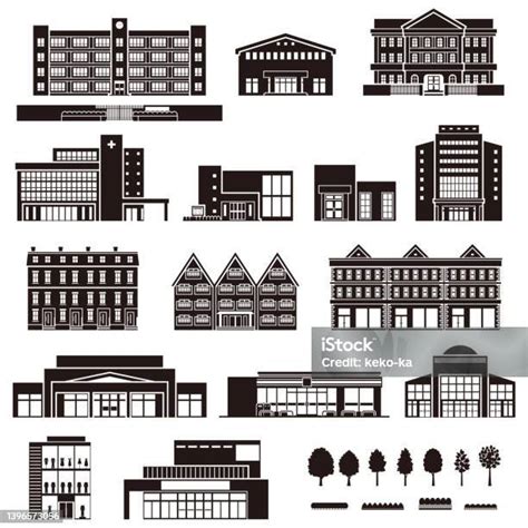 다양한 건물의 벡터 일러스트레이션 건물의 외부 전망 건물 실루엣 건물 외관에 대한 스톡 벡터 아트 및 기타 이미지 건물 외관 건설 산업 실루엣 Istock