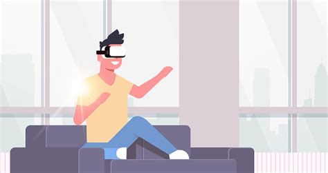 남자 착용 Vr 안경 사람 집에서 가상 현실 헤드셋을 사용 하 여 소파에 앉아 게임 온라인 게임 현대 아파트 인테리어 남성 캐릭터 전체 길이 평면 수평 가상현실에 대한 스톡