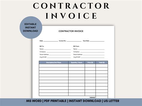 Contractor Invoice Template Editable In Ms Word Printable Pdf