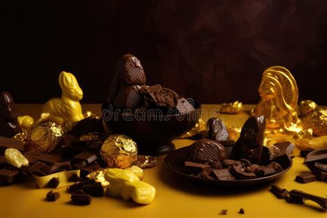 Easter Chocolate And Decorations On A Yellow Table With Bunnies Stock