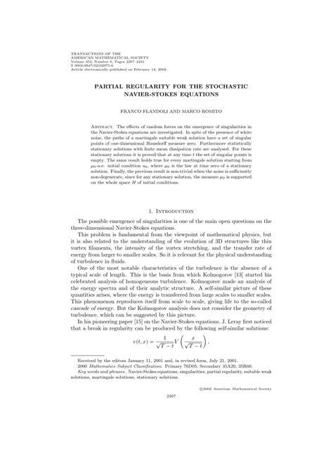 Pdf Partial Regularity For The Stochastic Navier Stokes Equations