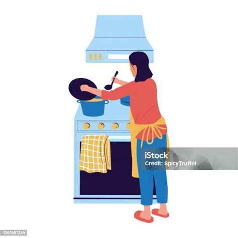 부엌에서 요리하는 여자 앞치마에서 만화 여성 캐릭터 저녁 식사를 만들기 식품 준비 가전 제품 가정용 오븐과 밥솥 후드 어머니는 수프를 준비합니다 벡터 하우스키핑 요리하기