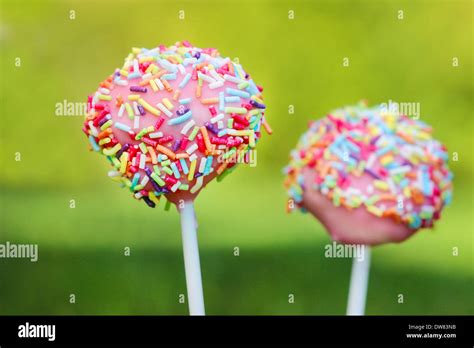 Pink Cake Pops On Fresh Green Grass In A Beautiful Gardenpink Cake
