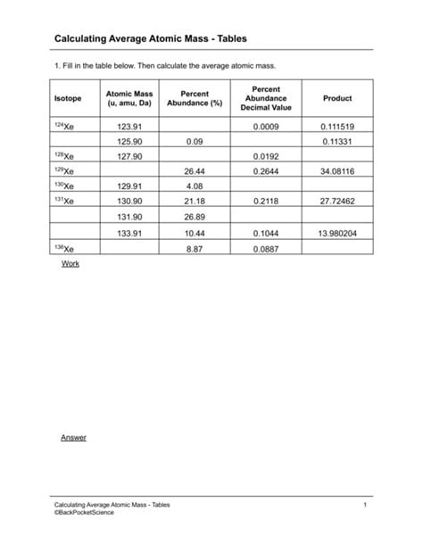 Calculating Average Atomic Mass Tables Worksheet Tpt