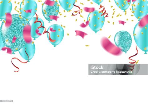 흰색 배경에 고립 색종이와 블루 리본입니다 휴일 행복 한 생일 텍스트 및 색종이 꼬불꼬불한 풍선의 그림 벡터 일러스트 레이 션 고무에 대한 스톡 벡터 아트 및 기타 이미지