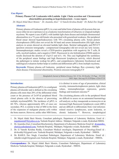 Pdf Primary Plasma Cell Leukaemia With Lambda Light Chain Secretion