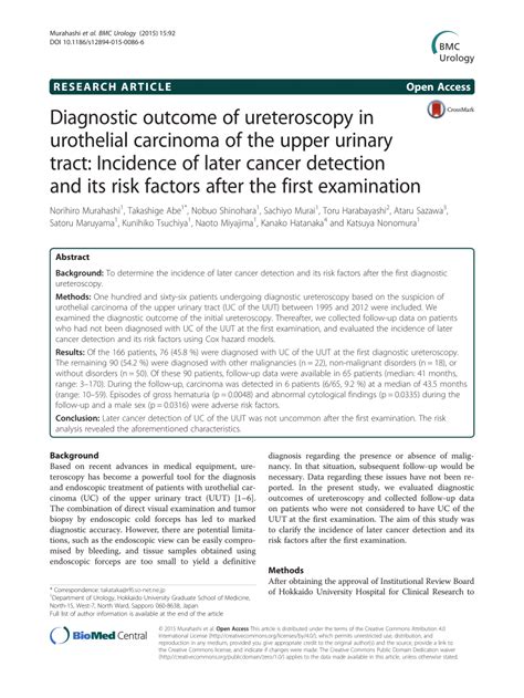 Pdf Diagnostic Outcome Of Ureteroscopy In Urothelial Carcinoma Of The Upper Urinary Tract