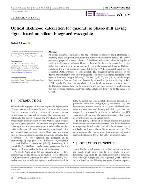 Pdf Optical Likelihood Calculation For Quadrature Phase‐shift Keying Signal Based On Silicon