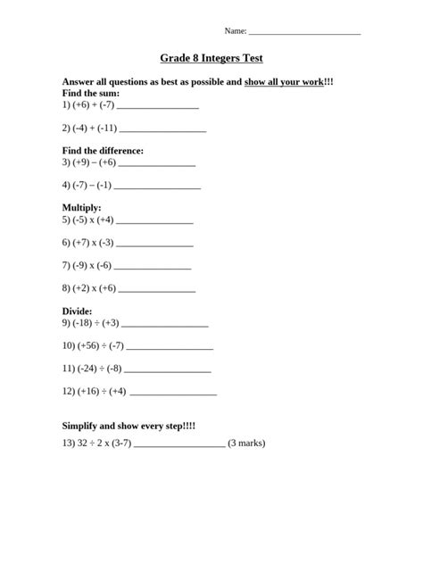 Grade 8 Integer Test Pdf