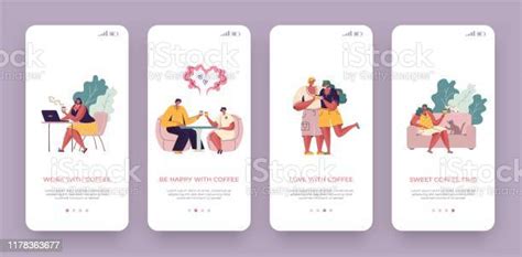 커피 온보드 화면 커피와 말하기를 마시는 만화 캐릭터와 최신 모바일 응용 프로그램 Ui 벡터 웹 앱 템플릿 개체 그룹에 대한 스톡 벡터 아트 및 기타 이미지 Istock