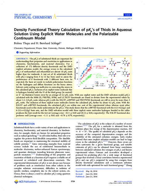 Pdf Density Functional Theory Calculation Of Pkas Of Thiols In Aqueous Solution Using