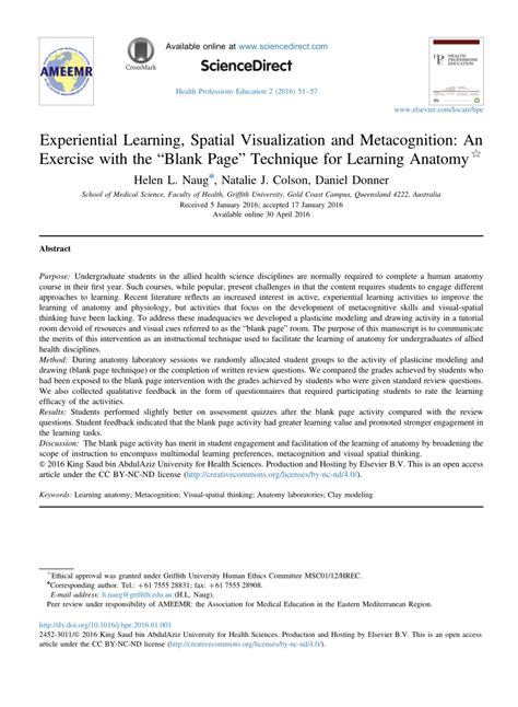 PDF Experiential Learning Spatial Visualization And Metacognition An Exercise With The