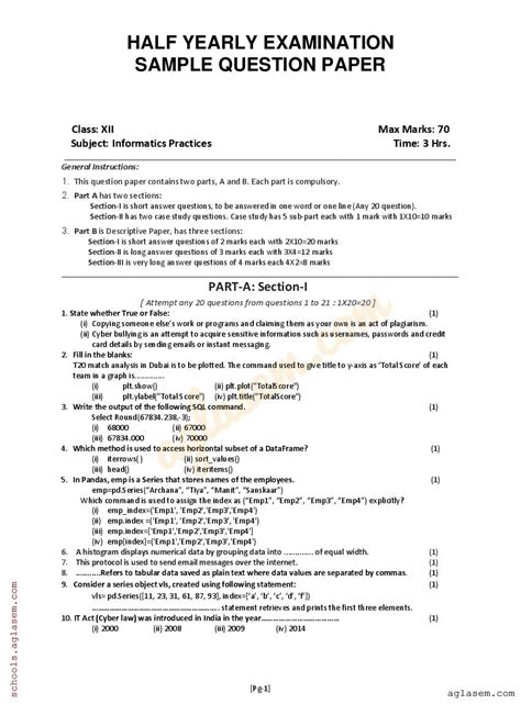 Class 12 Informatics Practices Sample Paper Half Yearly Exam 2025 12th Informatics Practices