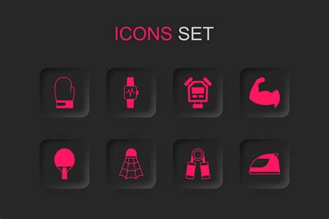 배드민턴 셔틀콕 심장 스마트 시계 권투 글러브 스포츠 확장기 근육을 보여주는 보디 빌더 레이싱 헬멧 스톱워치 및 라켓 아이콘을 설정합니다 벡터 건강한 생활방식에 대한 스톡