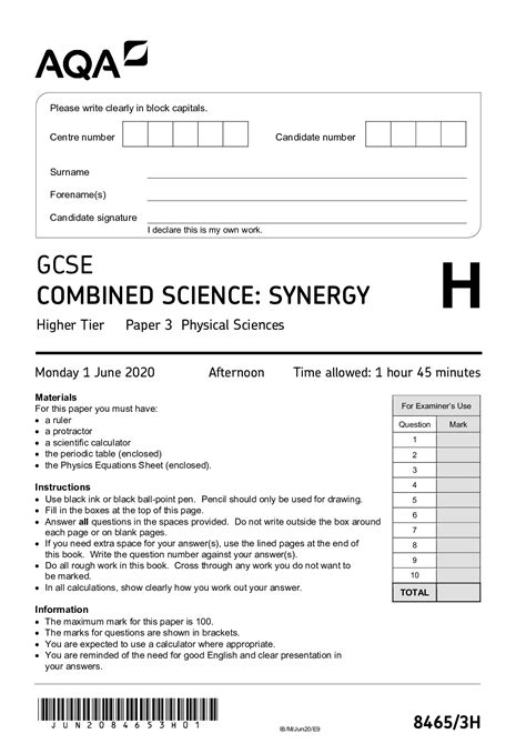 Aqa Gcse 8465 3h Combined Science Synergy Paper 3 Higher Gcse Combined Science Synergy Higher
