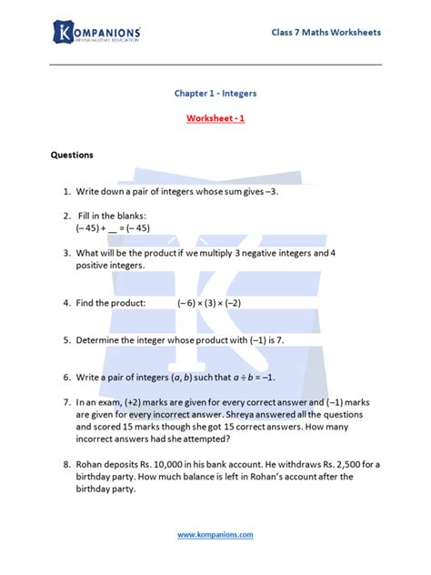 Class 7 Maths Chapter 1 Integers Worksheet 1 Pdf